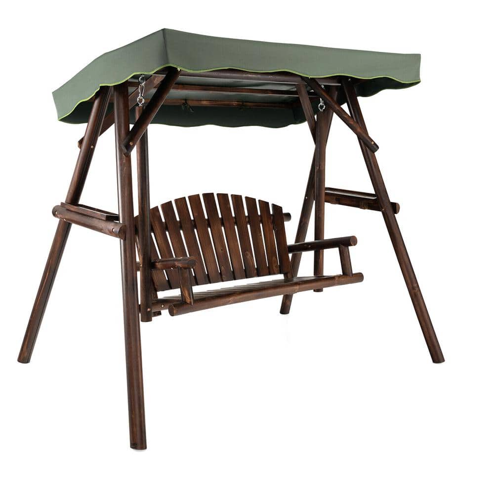 WELLFOR 2-Person Dark Brown Wood Patio Swing with Adjustable Canopy and ...