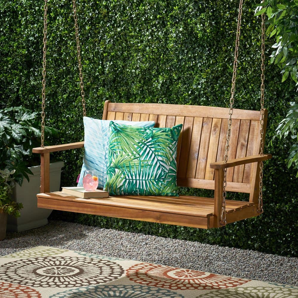 TIRAMISUBEST 2-Person Teak Brown Wood Metal Porch Swing JMXS000457 ...