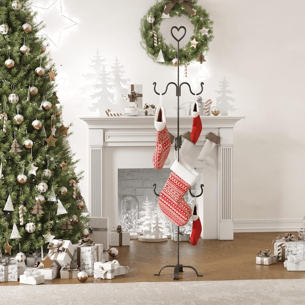 RENOVATORS SUPPLY MANUFACTURING 60 in. Black Wrought Iron Freestanding Christmas Stocking Holder Heart Top Floor Stand Mantle Replacement 6 Hooks 20540 The Home Depot
