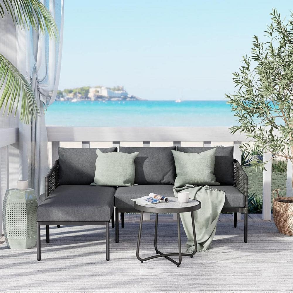 Yangming Black 3-Piece All-Weather Wicker Outdoor Small L-Shaped ...