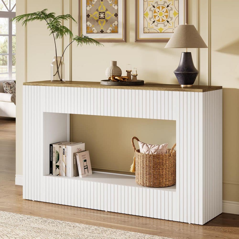 BYBLIGHT Modern 55 in. White Rectangle Wood Console Table with Storage ...