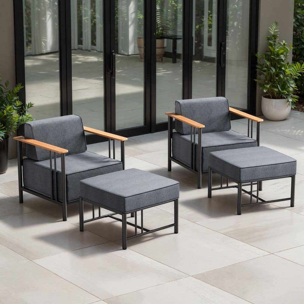 Opohoro Puffin 4-Piece Black Metal Outdoor Lounge Chairs with 10 in ...