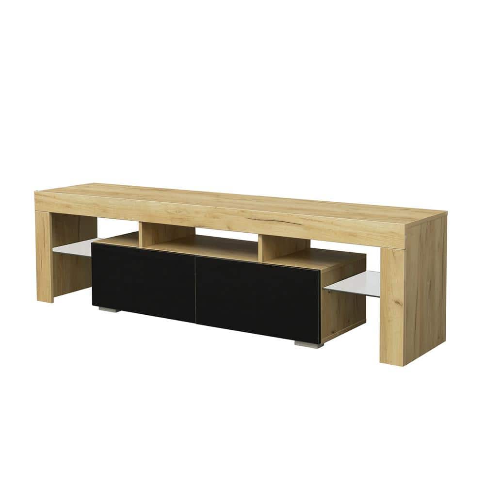 Tatahance 63 in. Oak MDF TV Stand with 2 Black Storage Drawers Fits TV ...