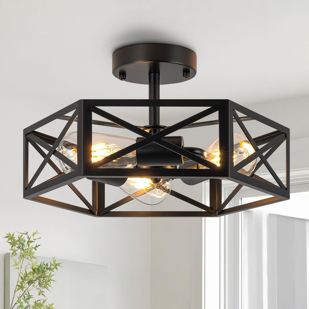 TinHon 14 in.Farmhouse Matte Black 3-Light Semi Flush Mount Ceiling ...