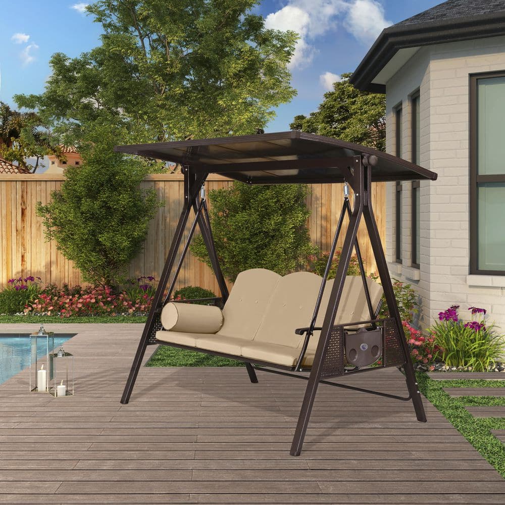 PURPLE LEAF Patio 3-seat Adjustable PVC Canopy Porch Swing with Side ...