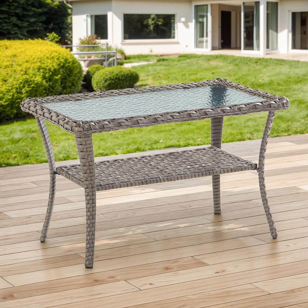 moosprr Gray Rectangle Wicker Outdoor Coffee Table with Tempered Glass ...