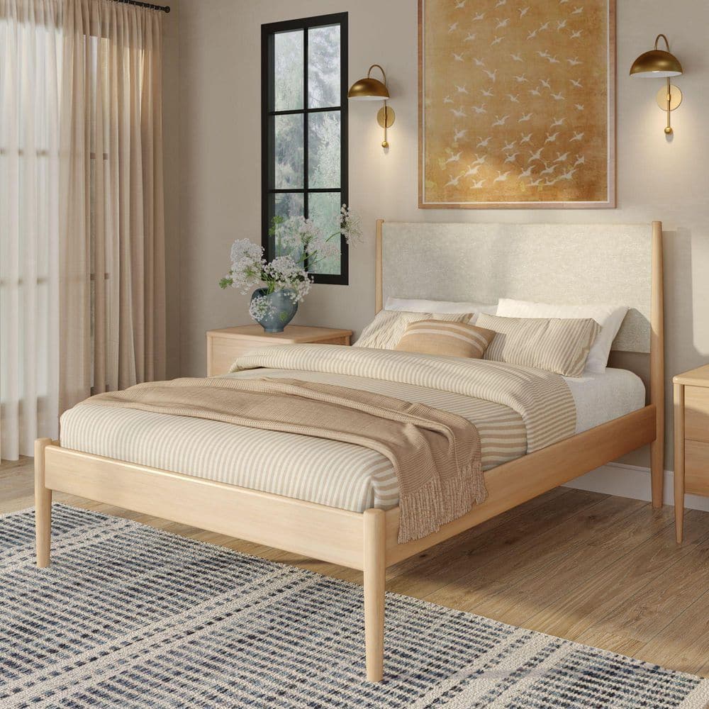 PLANK+BEAM Harbor Beige Wood Frame Full Platform Bed with Upholstered ...