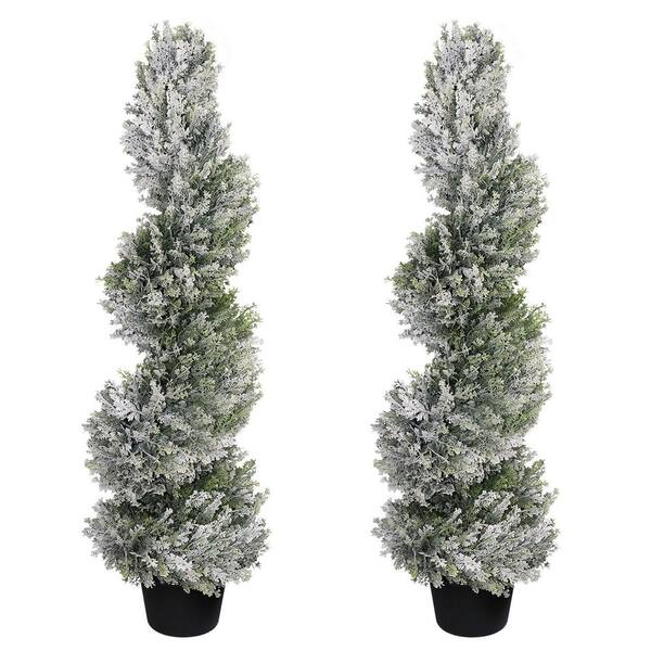 HOYMN 3 ft. Artificial Flocked Dual-Tone Cedar Spiral Topiary Tree 2 ...