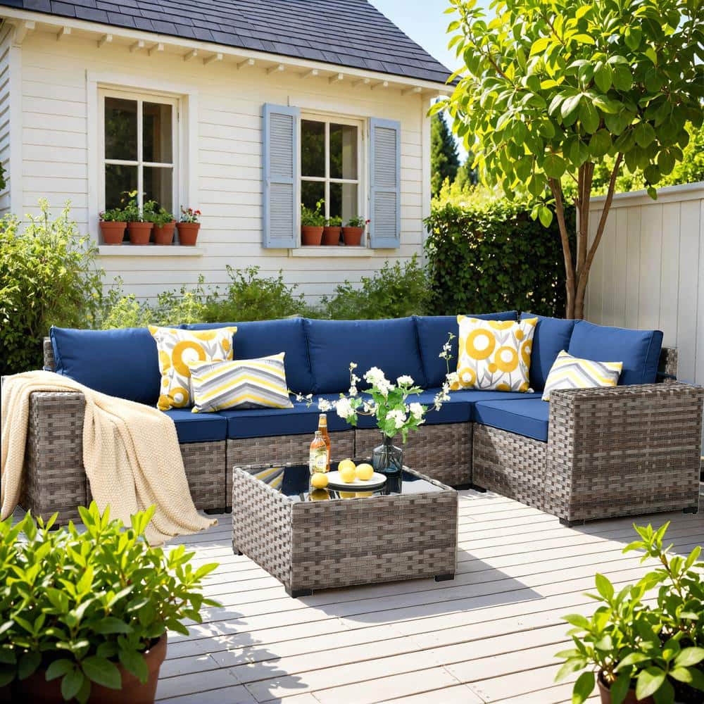 XIZZI Beatrice 6-Piece Wicker Outdoor Sectional Set with Navy Blue ...