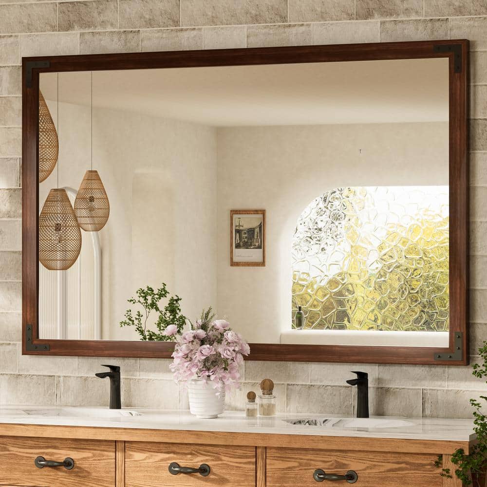 KeonJinn 55 in. W x 36 in. H Large Rectangular Rustic Wood Framed Farmhouse Wall Bathroom Vanity Mirror in Brown MKJ 13991BN The Home Depot