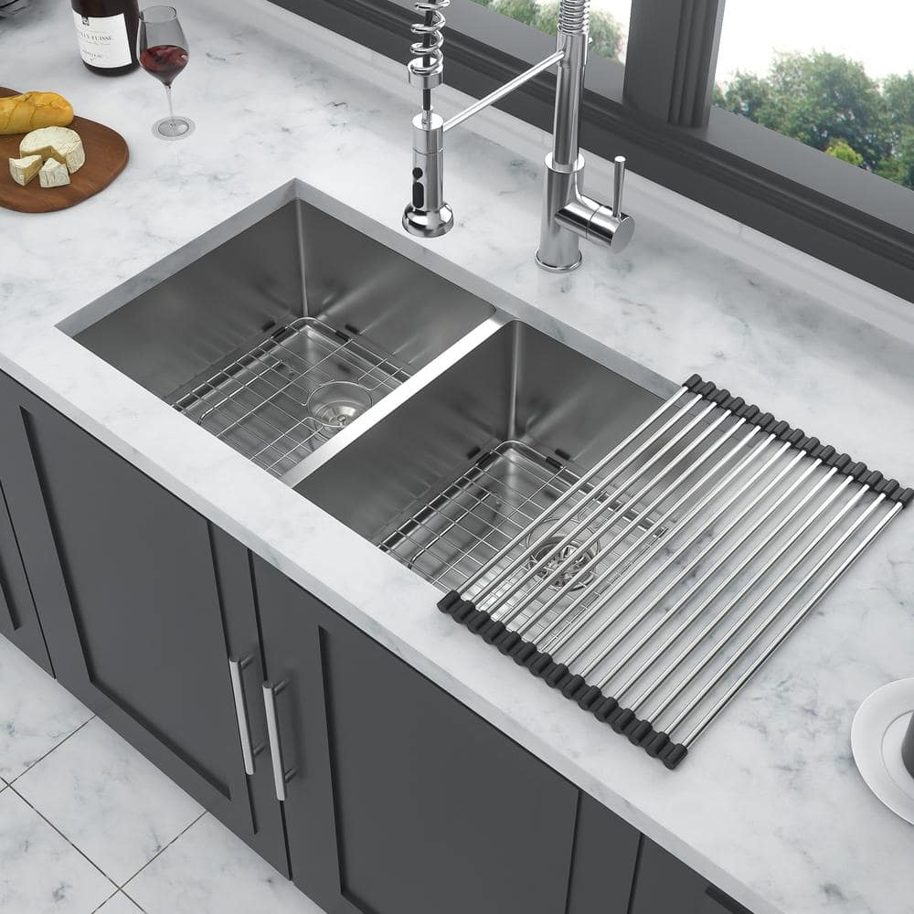 Coporesell 28 in. Undermount Double Bowl(50/50) 16-Gauge Brushed Nickel ...