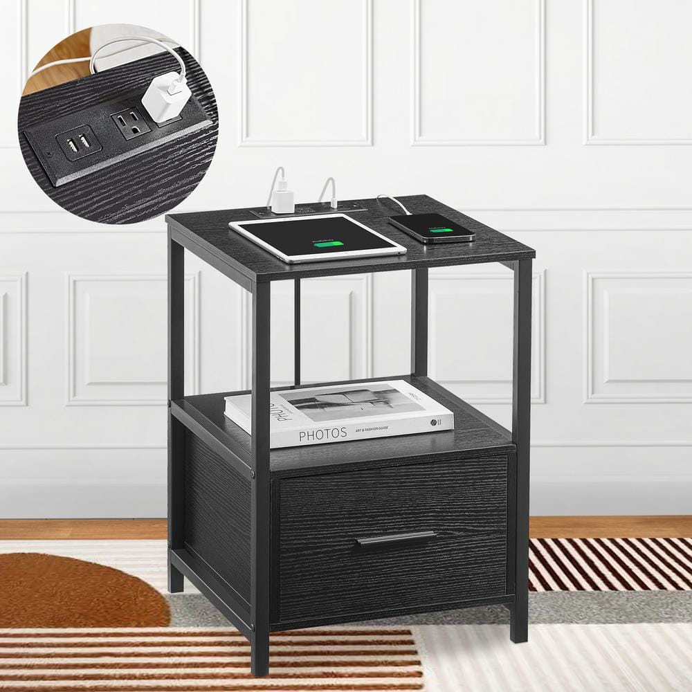 VECELO Nightstand with Charging Station End/Side Table with Storage ...