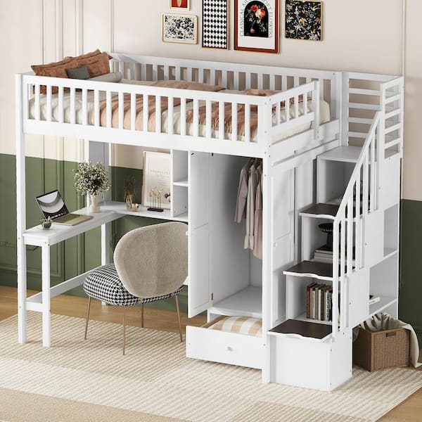 Harper Bright Designs White Twin Wooden Loft Bed with Wardrobe Drawer Desk Bookshelf and Storage Staircase QMY074AAK The Home Depot