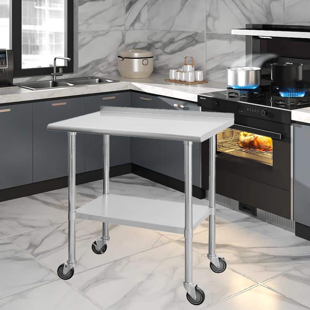 FAMYYT Silver Stainless Steel 36 in. Kitchen Prep Table with Adjustable ...