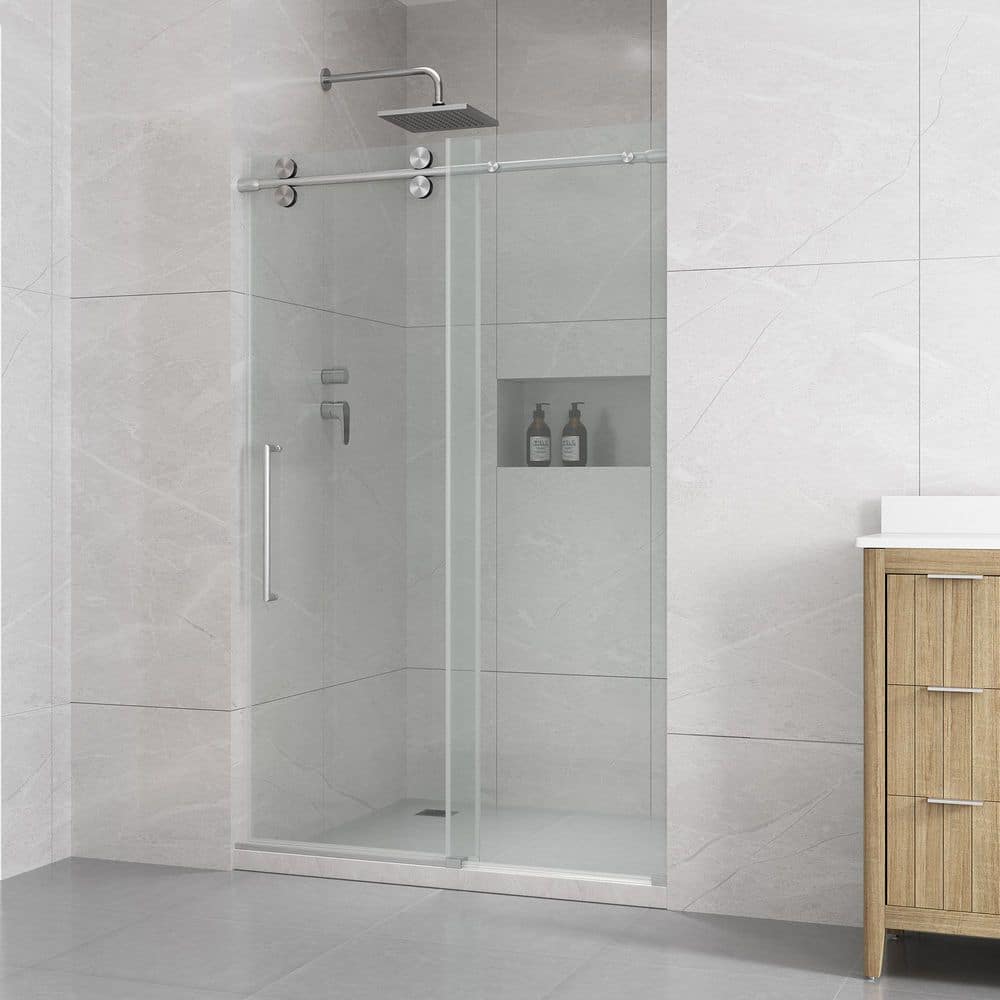 OVE Decors Reva 47 3/16 in. - 48 in. W x 74 in. H Alcove Sliding Frameless Shower Door in Satin ...
