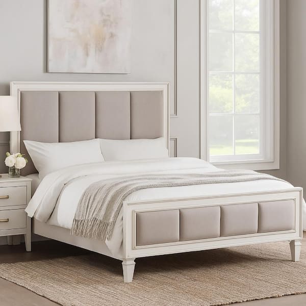 Benjara White and Gray Wood Frame Queen Platform Bed with Tufted Fabric ...