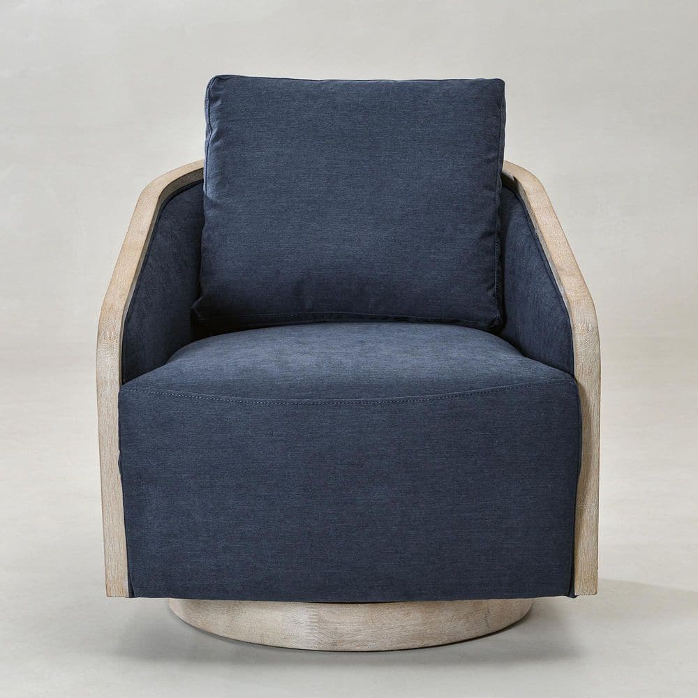 KINWELL Navy Modern Polyester Upholstered Swivel Barrel Armchair with ...