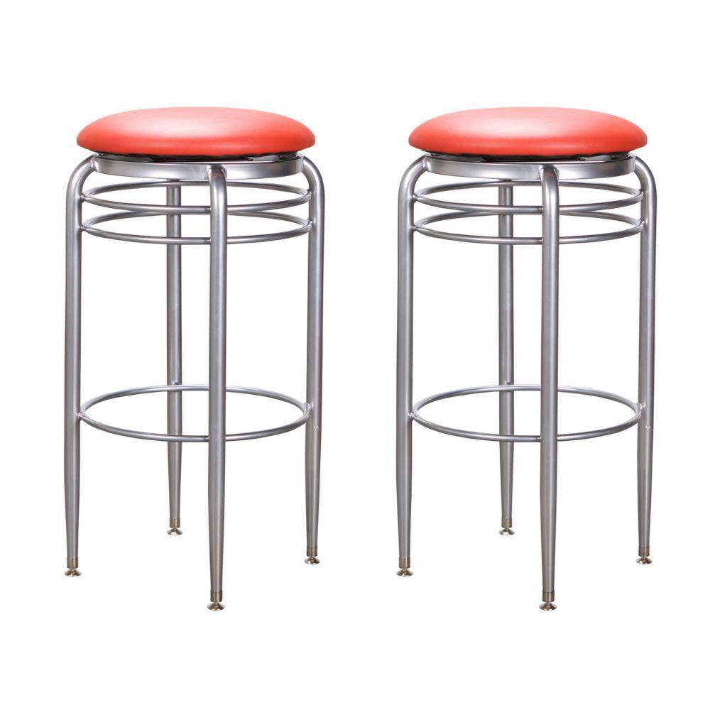 Benjara 26 in. Silver and Red Backless Metal Frame Bar Stool with Faux ...