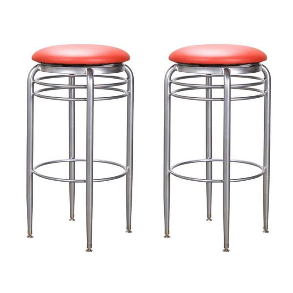 Benjara 26 in. Silver and Red Backless Metal Frame Bar Stool with Faux ...
