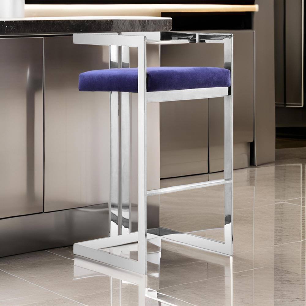 Benjara 29.5 in. Navy Blue and Silver Low Back Metal Frame Bar Stool ...