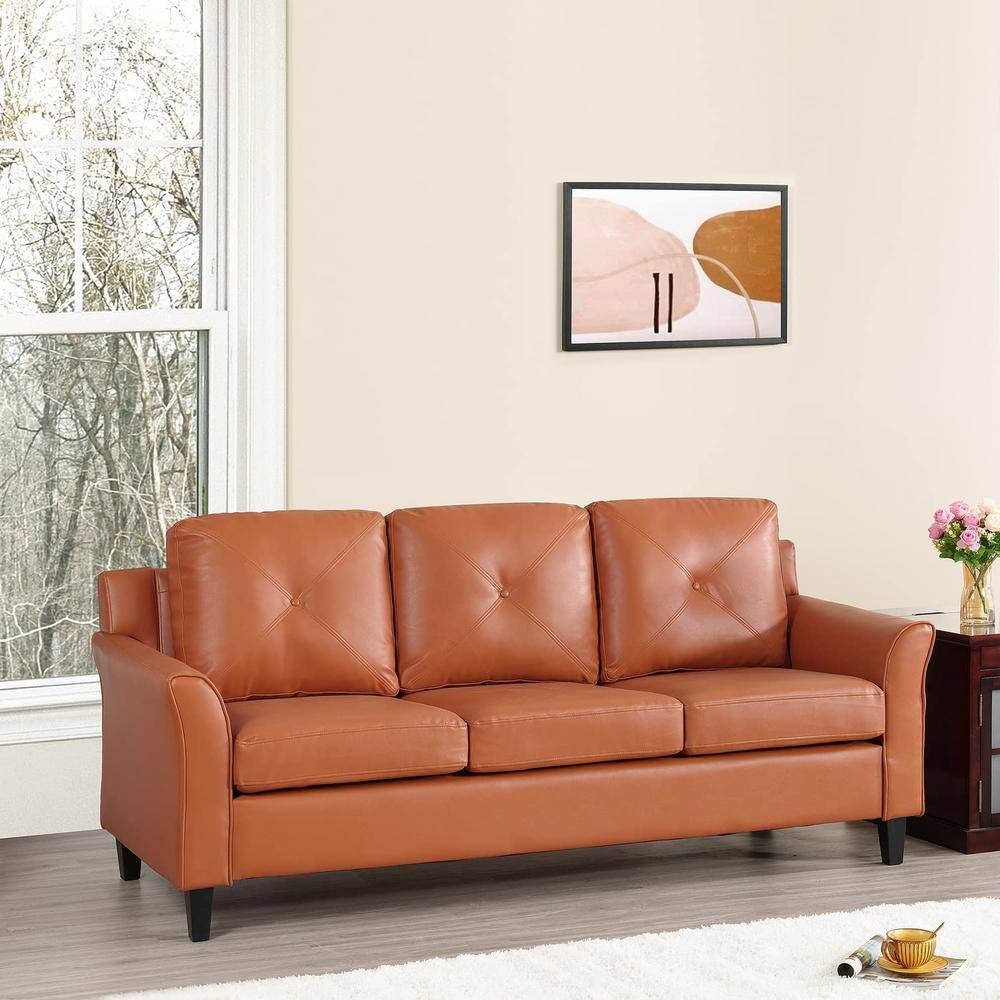HOMESTOCK 79.92 in. Rectangle Arm 3-Seater Air Leather Couch for Small ...