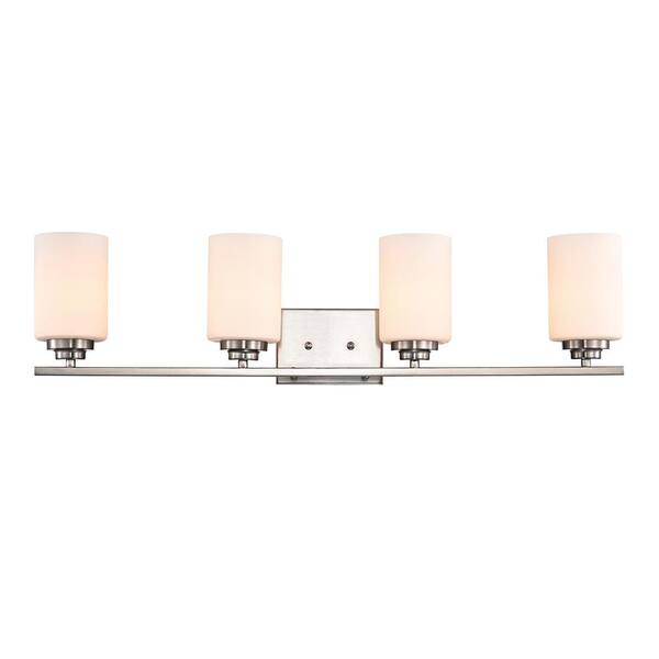 Edvivi 31.5 in. 4-Light Brushed Nickel Vanity Light with White Etched Glass Shades EW6291-BN ...