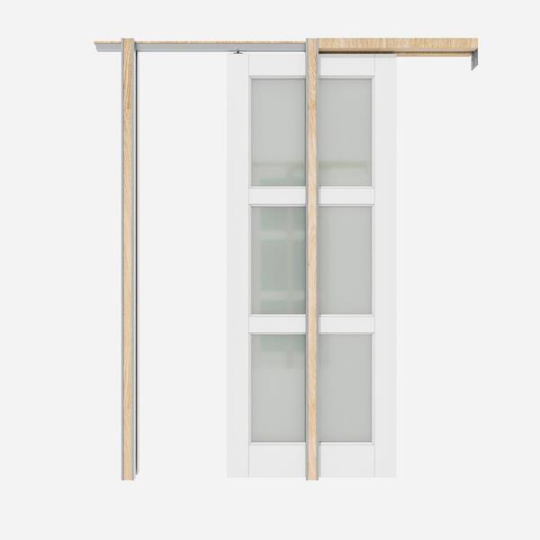 ARK DESIGN 36 in. x 80 in. 3-Lite Frosted Glass White Primed MDF Pocket ...