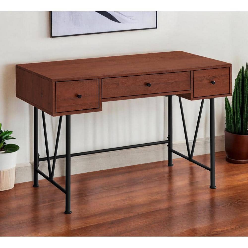 HomeRoots 47.25 in. Rectangular Brown Metal 3-Drawer Computer Desks ...
