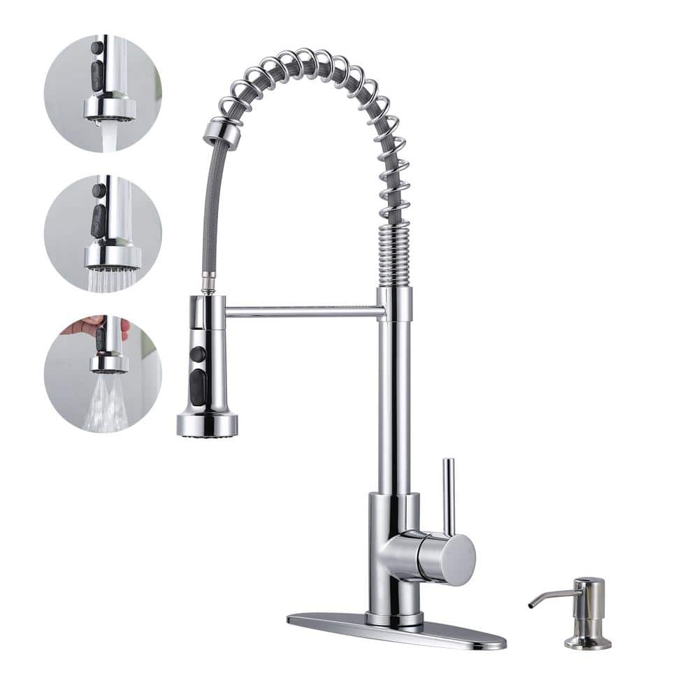 WOWOW Single Handle Pull Down Sprayer Kitchen Faucet with Soap Dispenser, Pull Out Spray Wand in ...