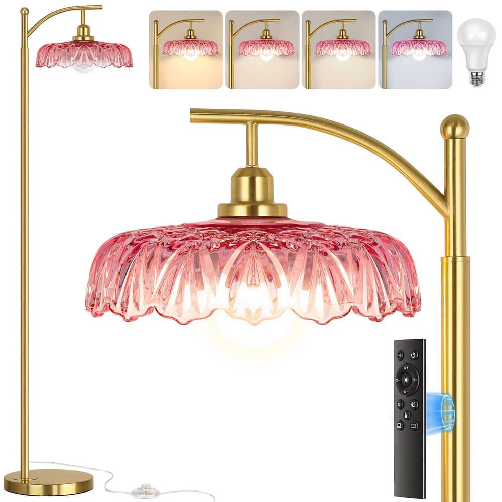 ROTTOGOON 68 in. Brushed Gold Arc Floor Lamp with Remote-Dimmable Mid ...