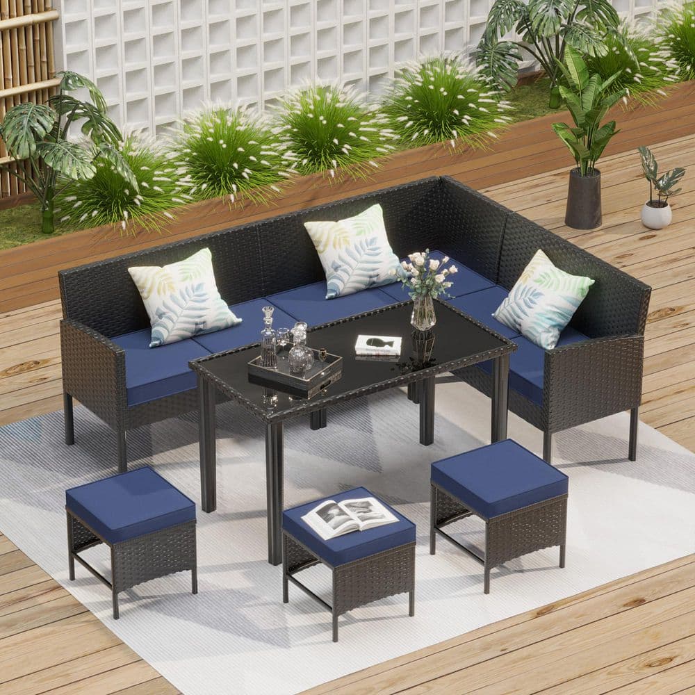 7-Piece Wicker Patio Conversation Set with Blue Cushions and Glass ...