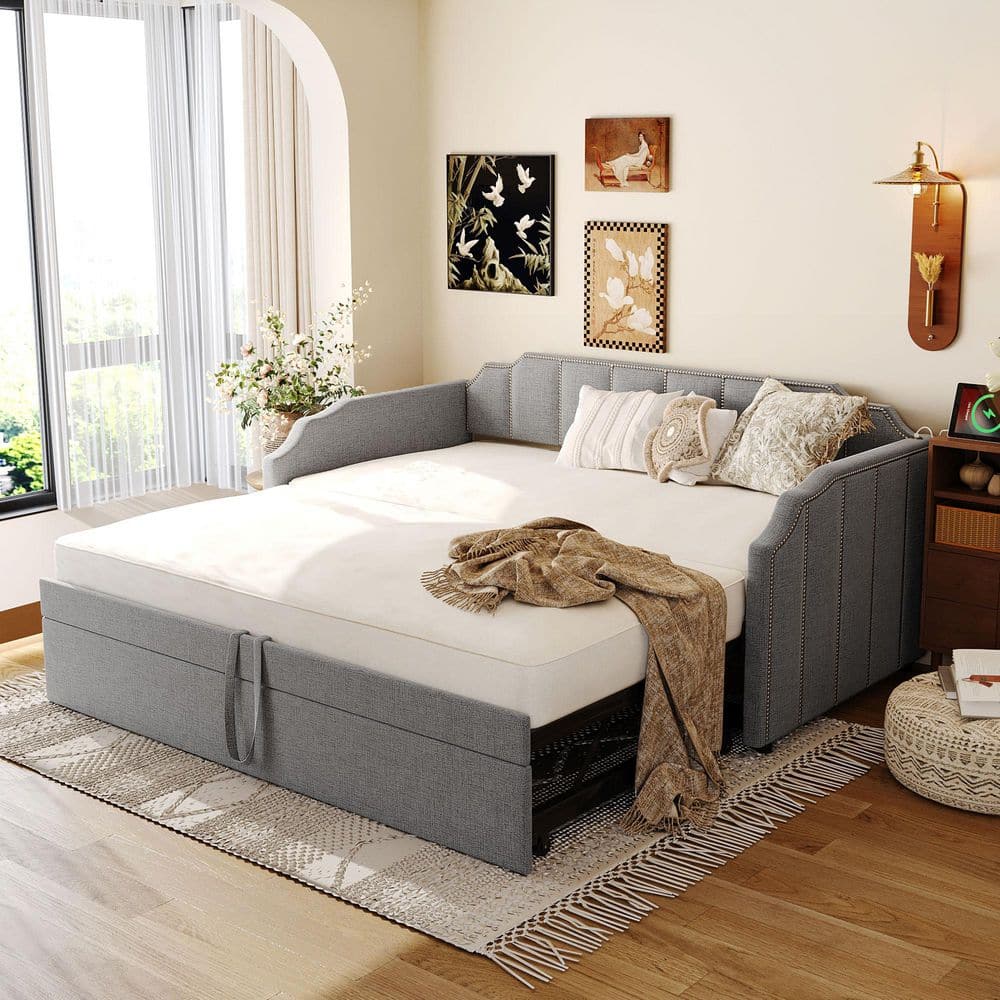 Harper & Bright Designs Gray Twin Linen Upholstered Daybed with Pop-Up ...