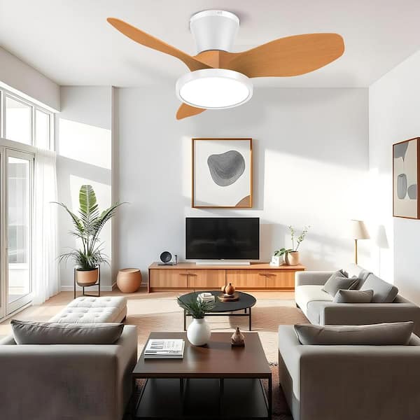 32 in. Indoor WhiteFlush Mount Ceiling Fan with Integrated LED Light ...