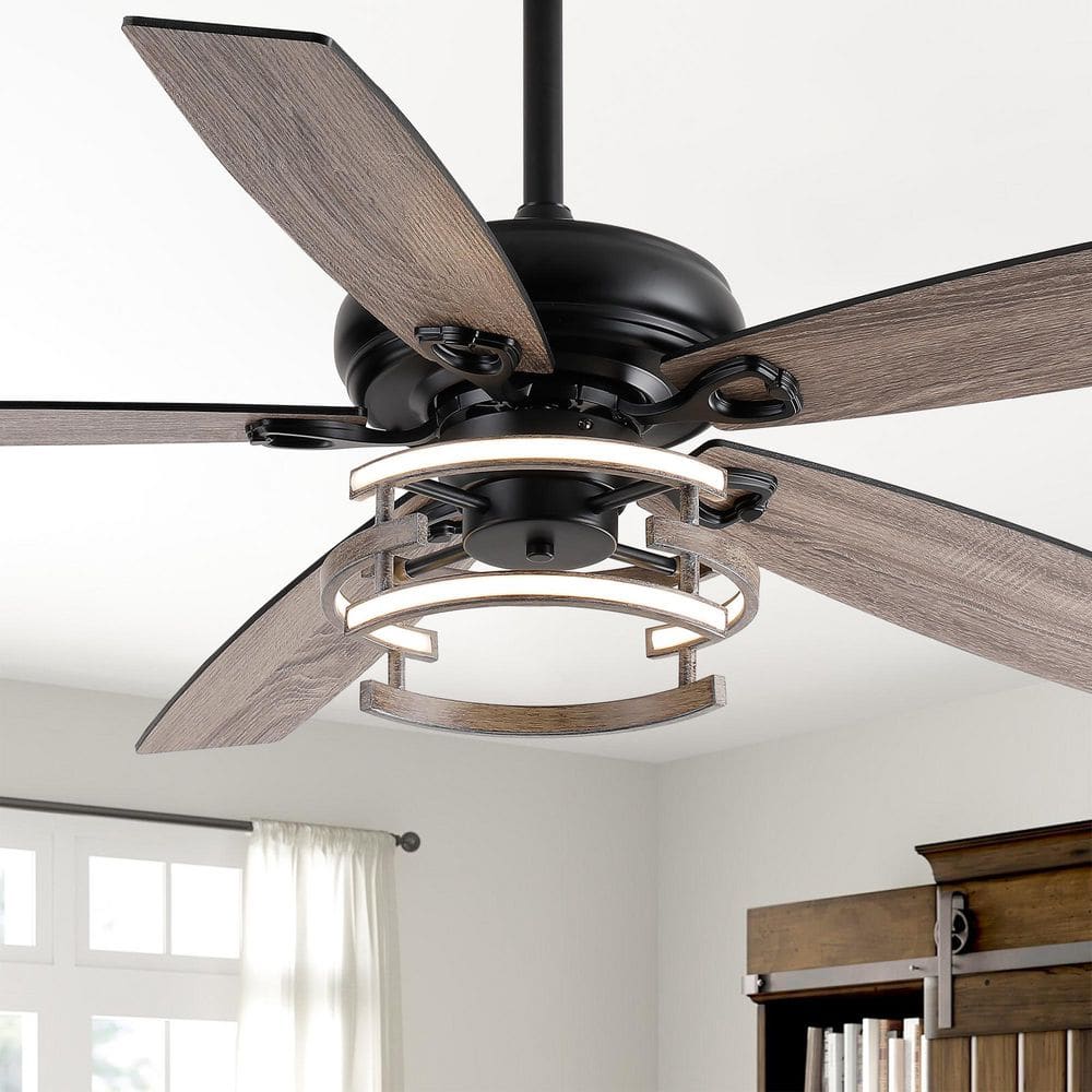 Parrot Uncle 52 in. Indoor Matte Black Downrod Mount LED Standard Ceiling Fan with Light Kit and ...