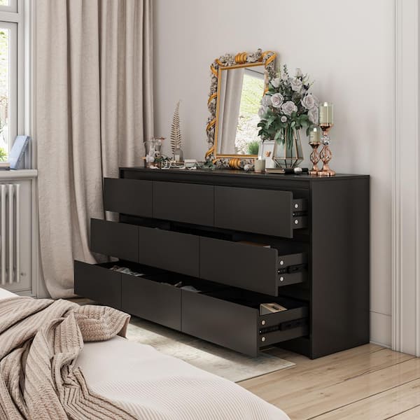 FUFU GAGA 9 Drawer Black Wood Dresser Modern Style 31.5 in. H x 63 in. W x 15.7 in. D KF250020 03 The Home Depot