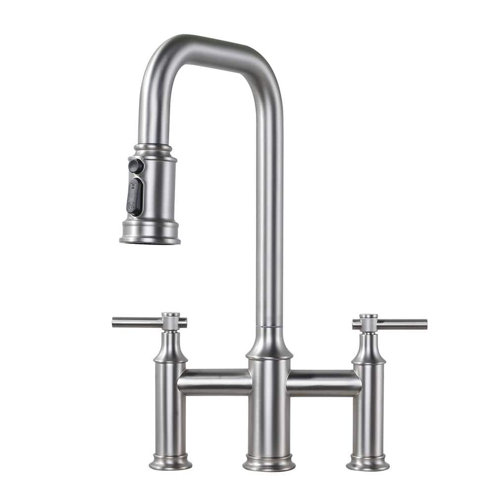 ARCORA Double Handle Bridge Kitchen Faucet with Pull-Down Spray Head ...
