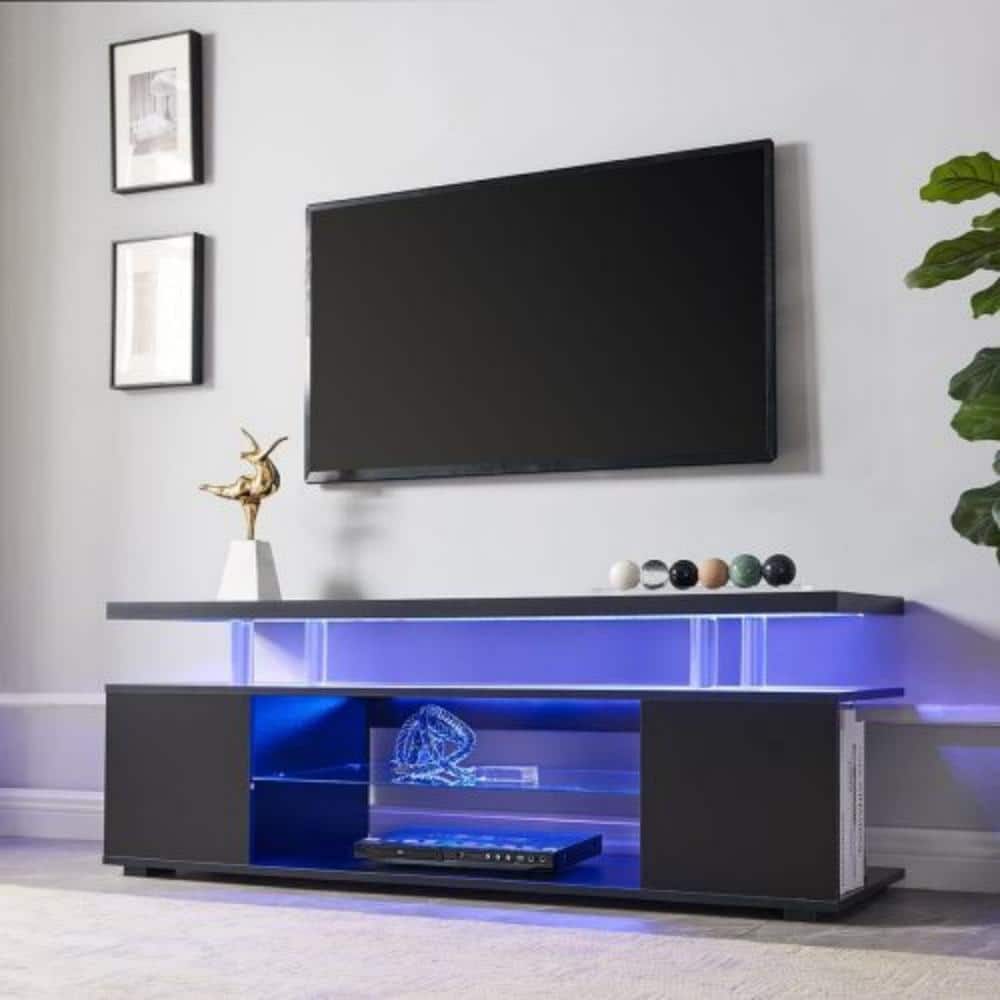 Clihome Black TV Stand LED Gaming Entertainment Center Media Storage ...