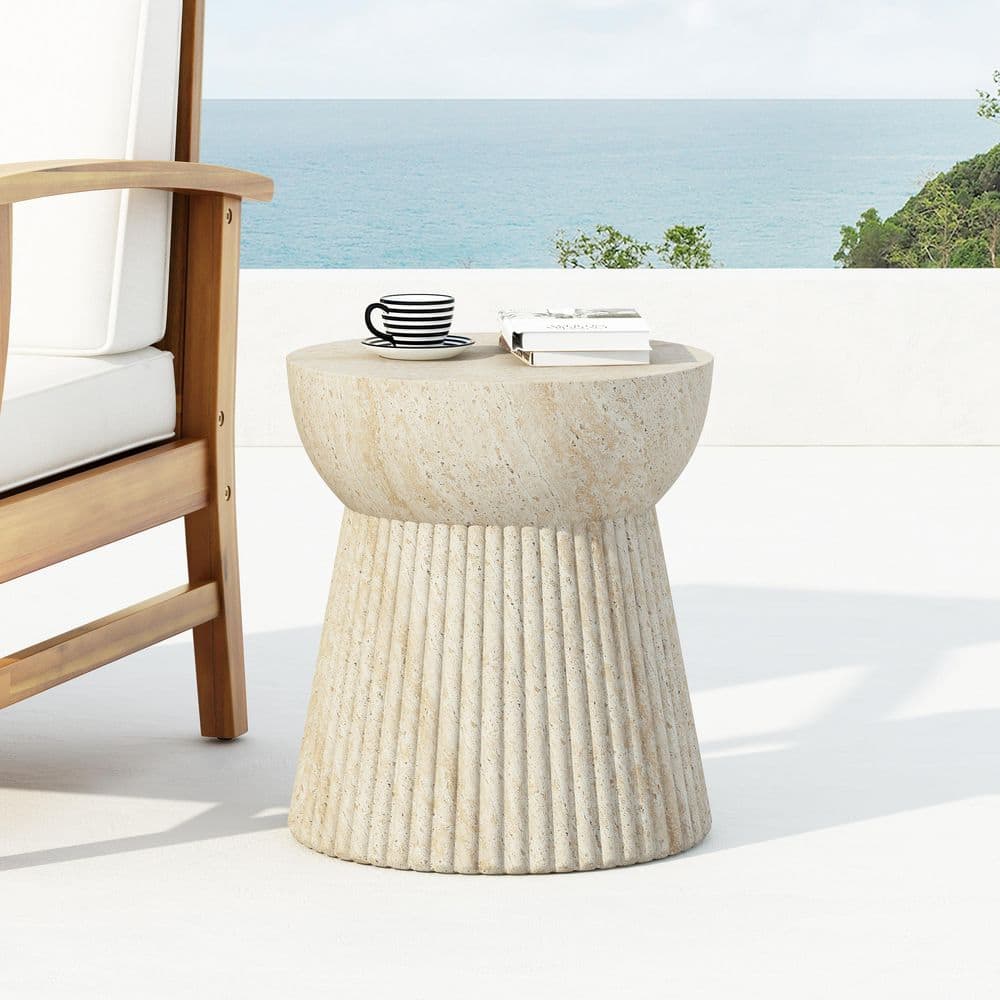 Harper & Bright Designs Beige Outdoor Travertine Concrete Side Table ...