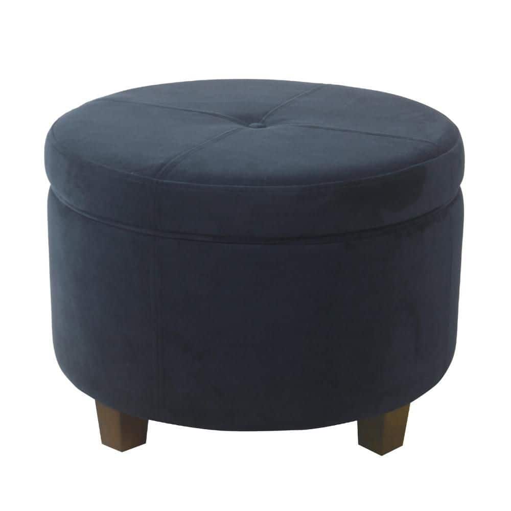 Benjara Soni Navy Blue and Dark Walnut Brown Velvet Round Storage ...