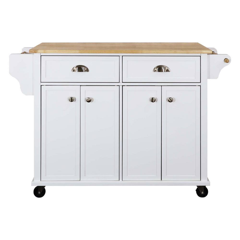 White Wood 52 in.. Kitchen Island with Storage Shelves, Rubber Wood Top ...