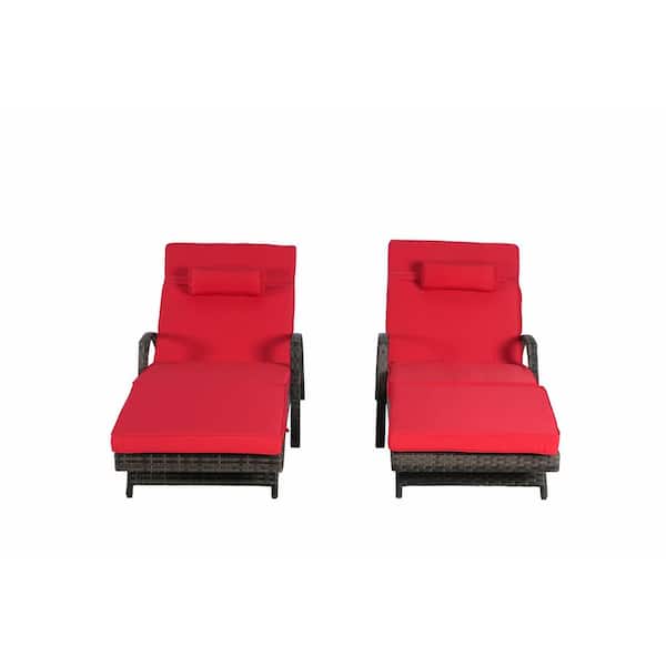 Red Rattan and Metal 2-Piece Outdoor Chaise Lounge with Cushion ...