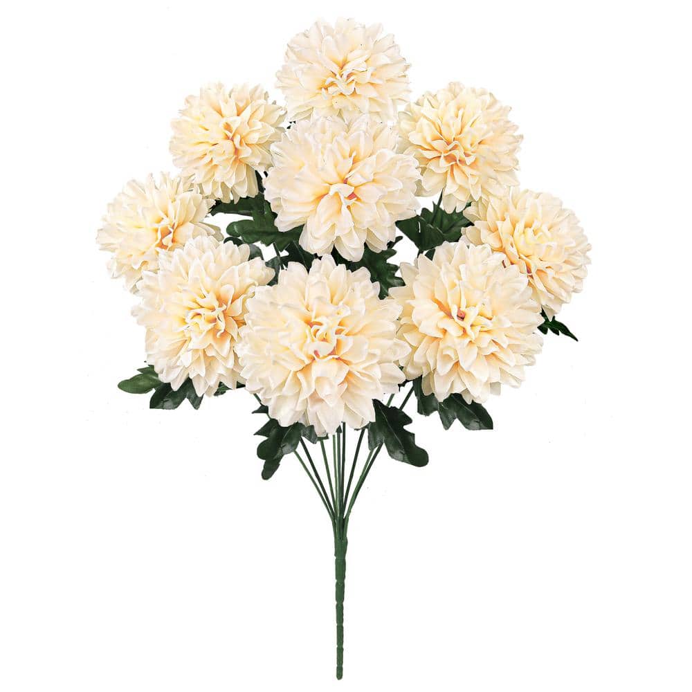 LIVING LUXURY 22 in. Champagne Ivory Artificial Ball Mum Pom Pom Flower ...