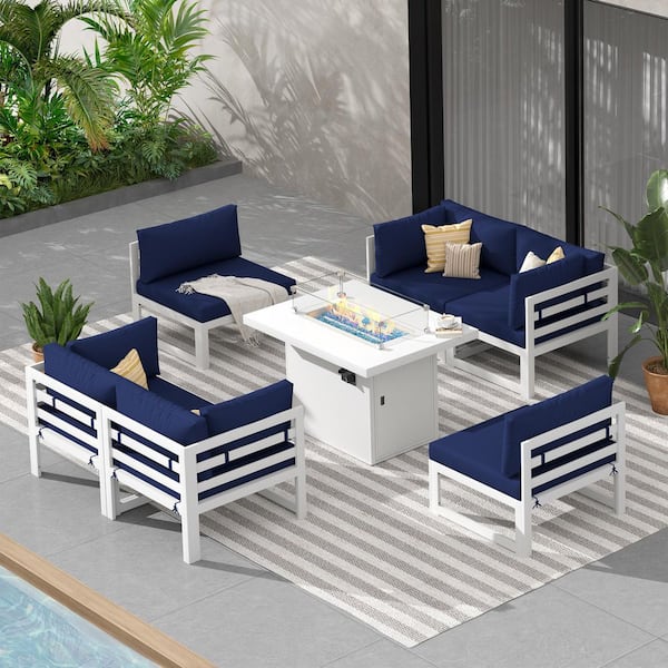 Outdoor 7-Piece White Aluminum Patio Conversation Set Fire Pit Patio ...