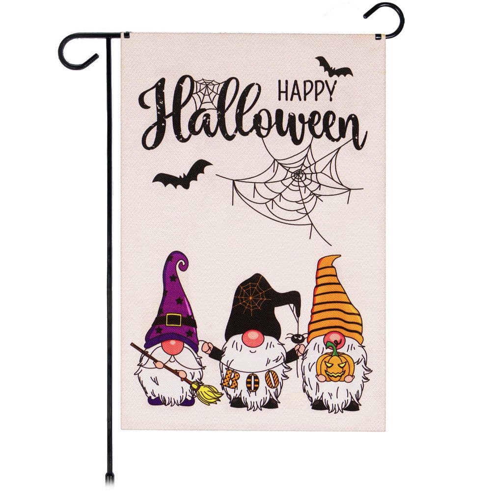 G128 1 ft. x 1.5 ft. Burlap Happy Halloween 3 Gnomes Spider Web Garden ...