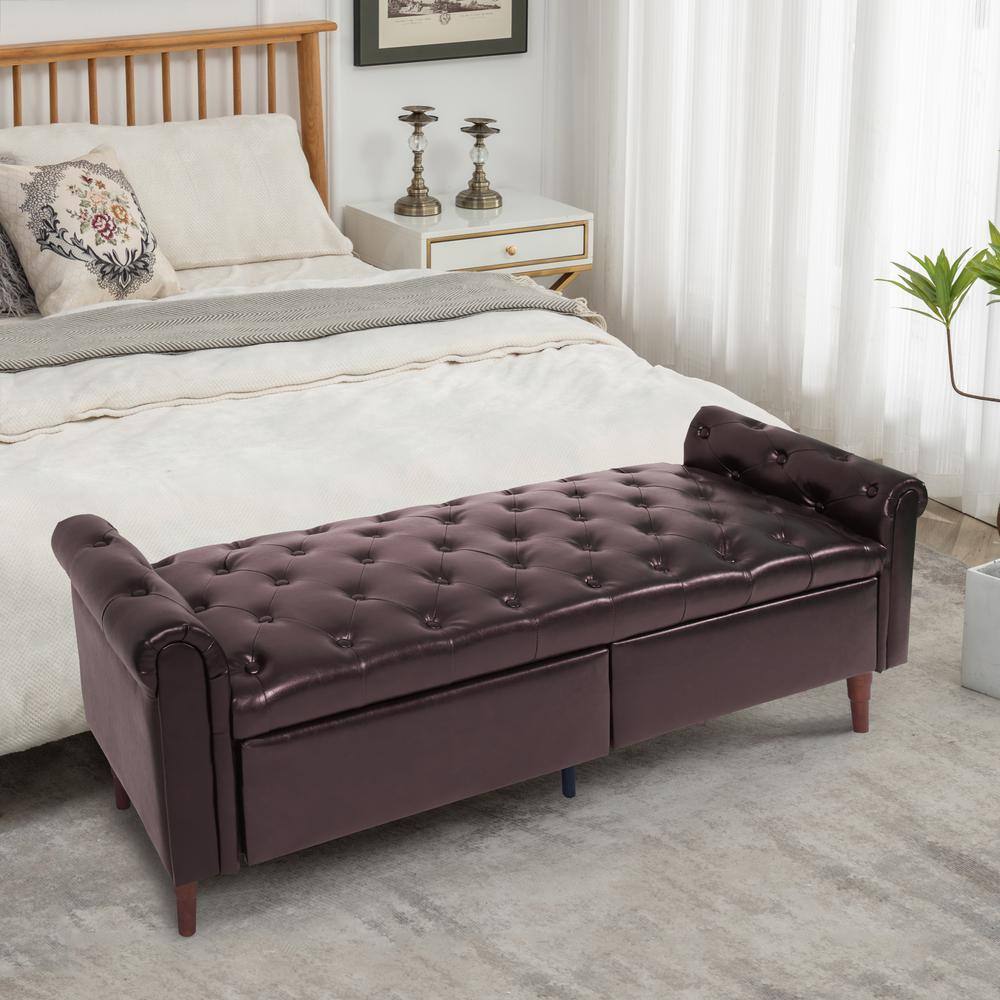 DESwan 64 in Wide Brown PU Leather Upholstered Rectangle Ottoman with ...