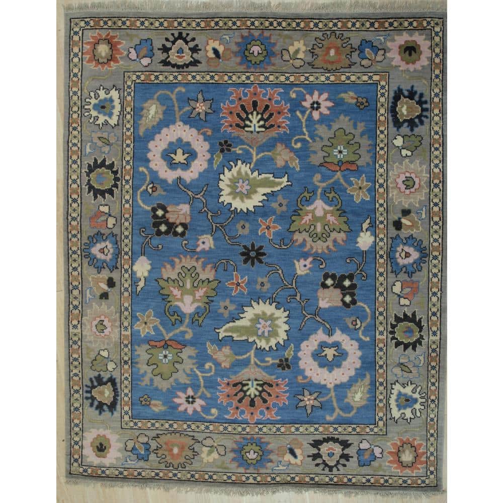 EORC Blue 8 ft. x 10 ft. Hand Knotted Wool Traditional Colorful Mahal ...