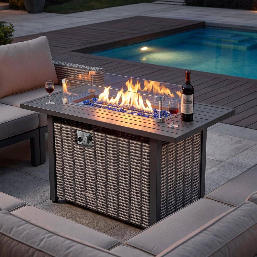 Nuu Garden 43 in. W Rectangular Metal and Rattan Propane Gas Brown Fire ...