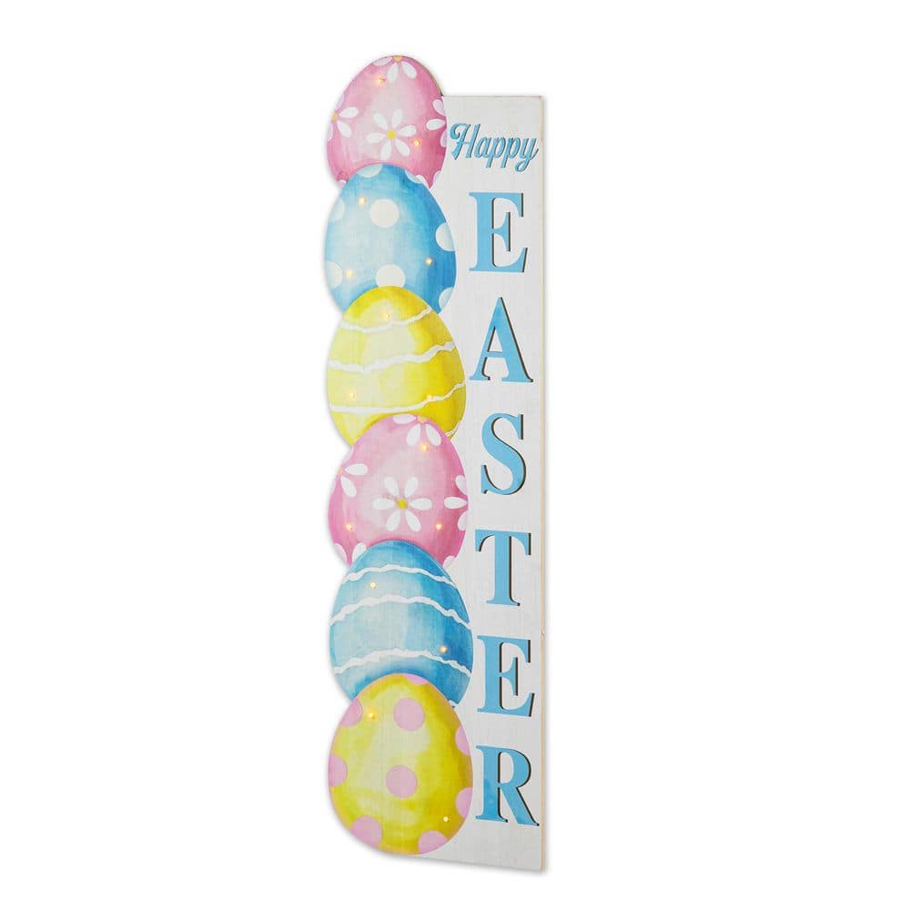Glitzhome 42 in. H Lighted Wooden Stacked Eggs Happy Easter Porch Sign ...