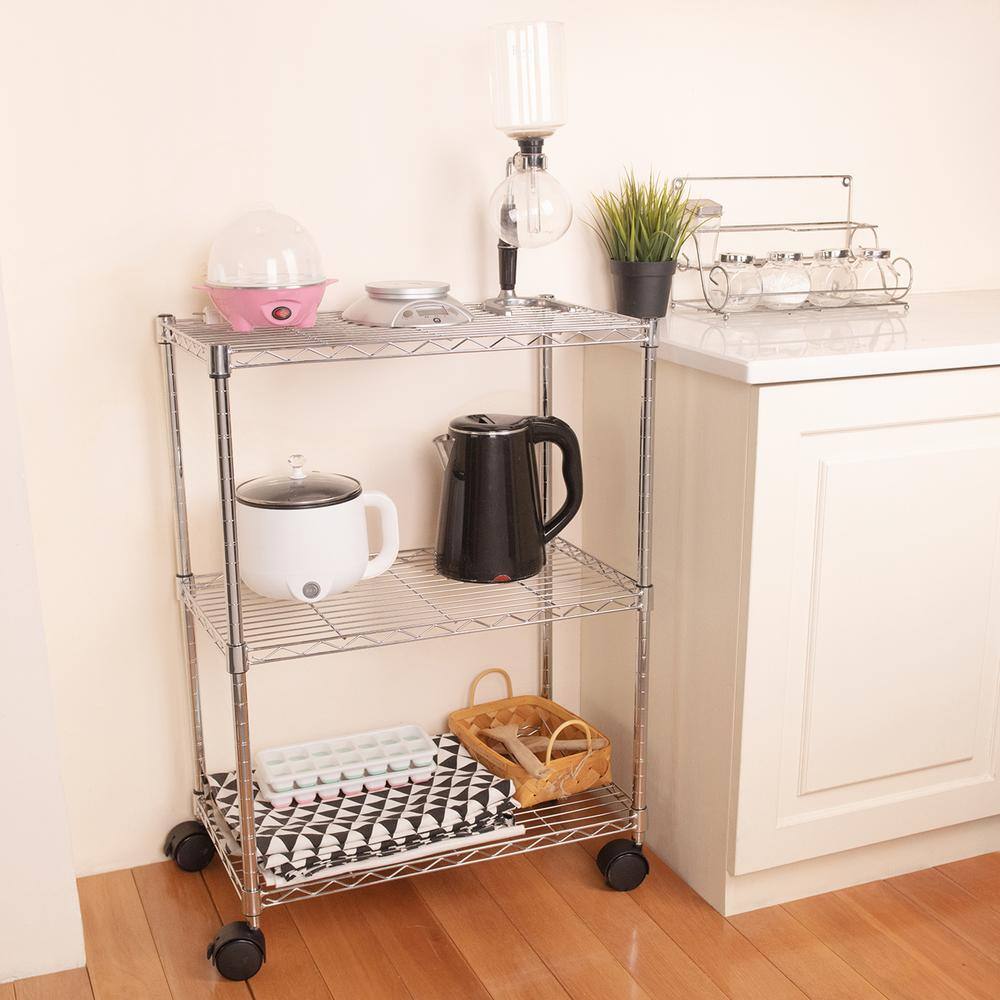 FUNKOL 3-Tier Simple Silver Shelves With Wheels, Adjustable Storage ...