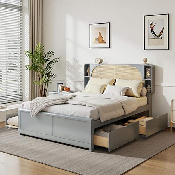Spruce & Spring Cleo Gray Wood Frame Rattan Headboard Queen Platform Bed with Two Drawers and ...
